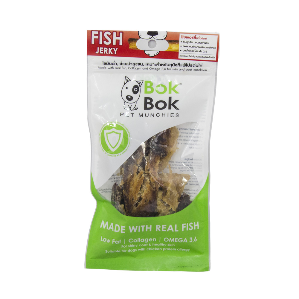 Bok Bok (fish jerky ) ขนมสุนัข สูตรเนื้อปลาอบแห้ง ขัดฟันบำรุงขน lowfat